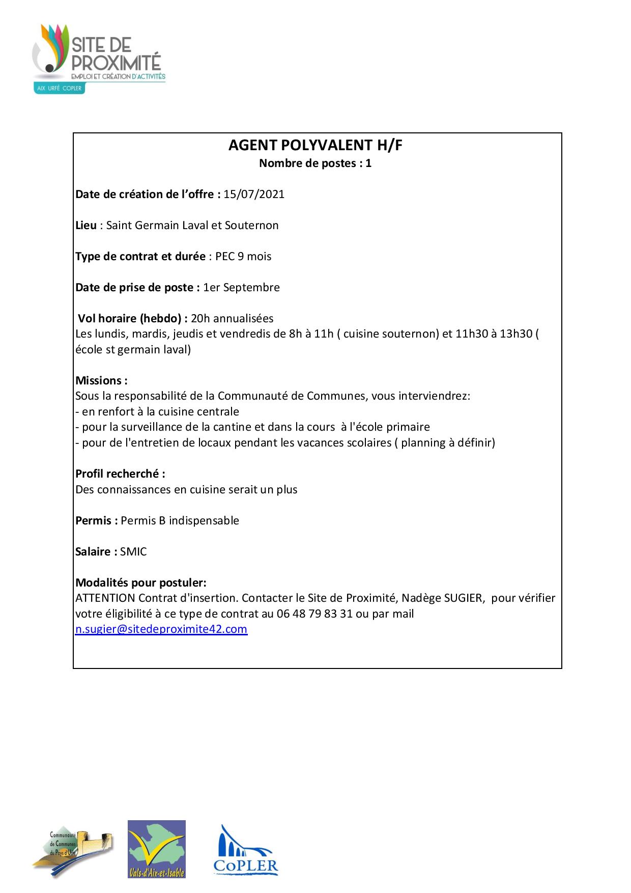 15.07.21 agent polyvalent ( aide cuisine, surveillance cantine ...